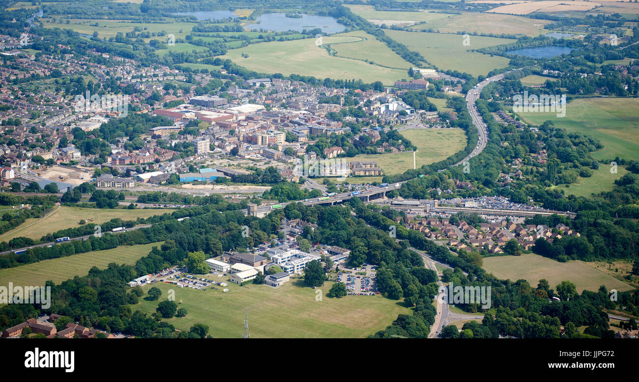 An aerial view of Huntingdon, SE England, UK showing the A14 and town ...