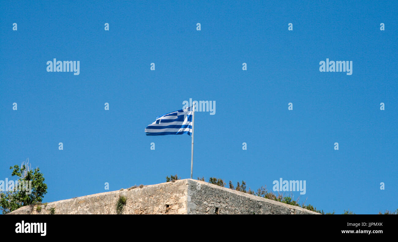 Greek flag on Rethymno castle, Crete, Greece Stock Photo - Alamy