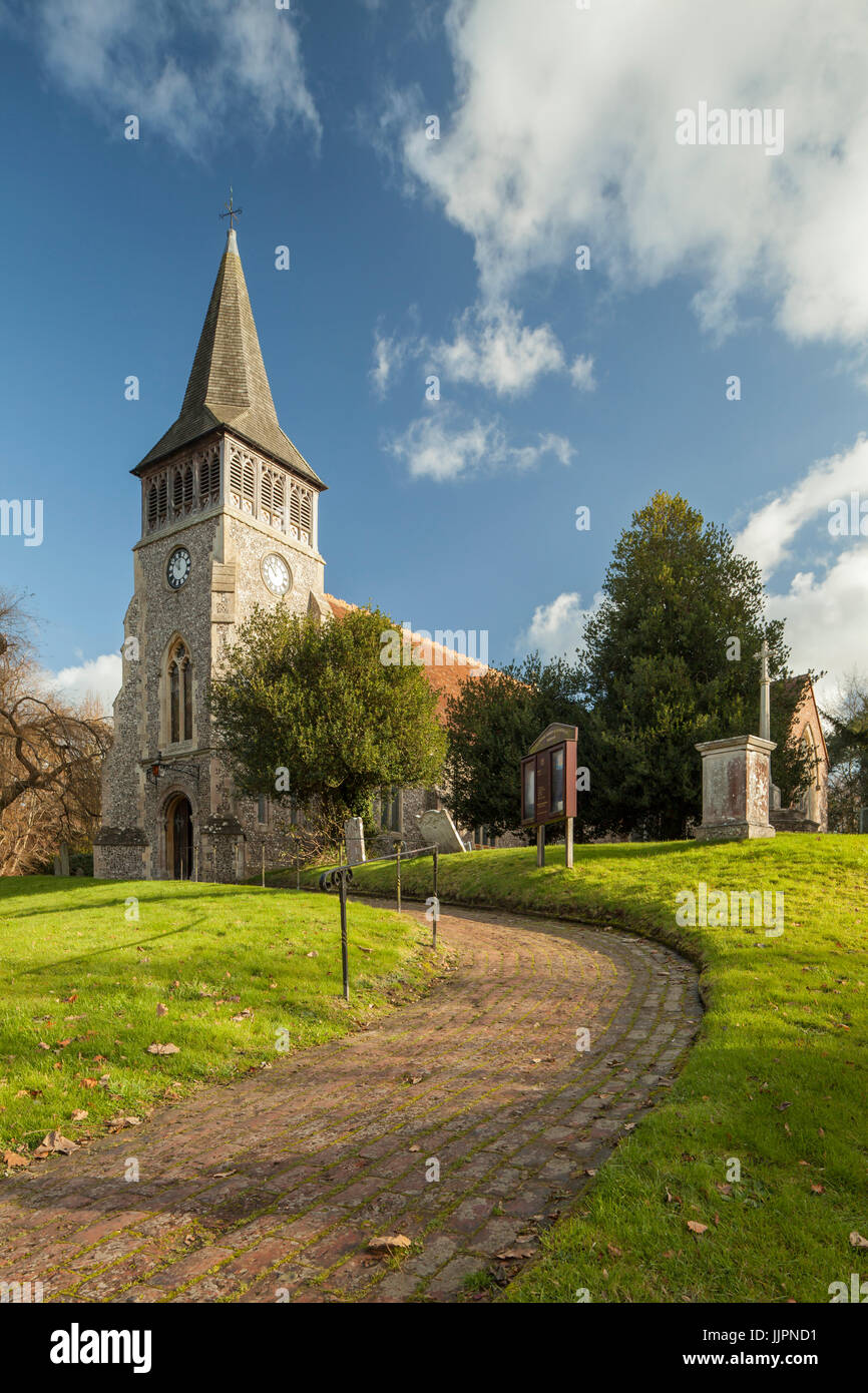 Autumn afternoon at St Nicholas church in Wickham village in Hampshire ...