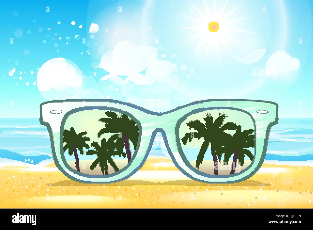 White Sunglasses reflection sunset at palm tree landscape scene in light blue studio,Summer Time ...