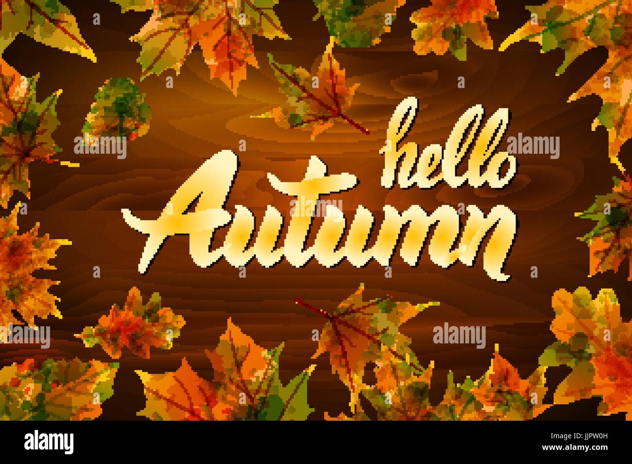 hello autumn text on wooden background orange leaf vector art Stock ...
