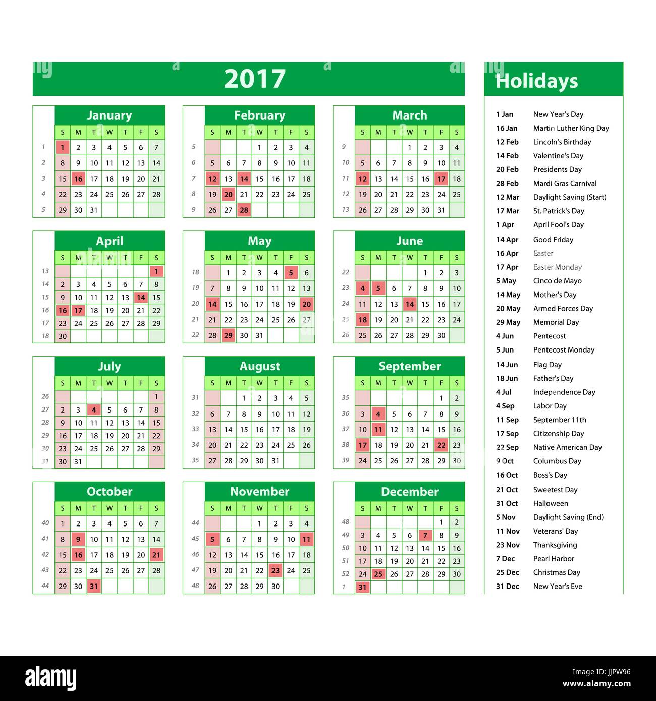 Simple calendar 2017 marked with the official holidays for the USA. The ...