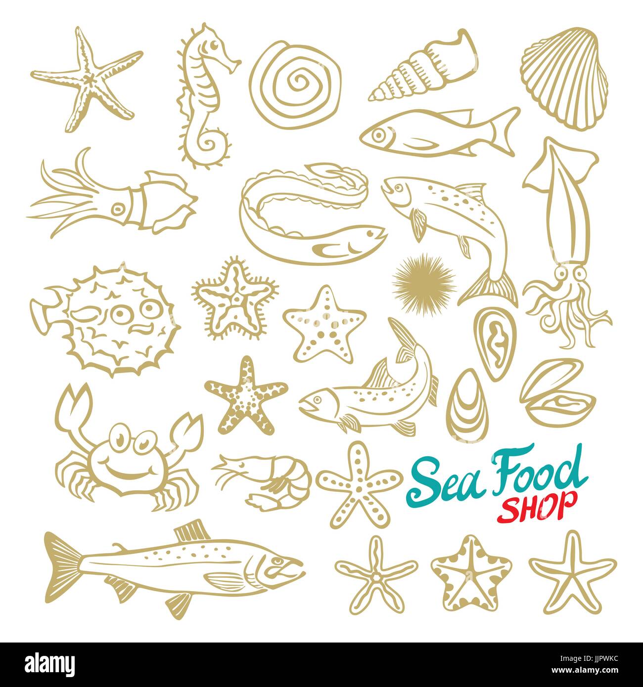 Sea set. Stingray, jellyfish, seaweed, fish, starfish, jellyfish, squid ...
