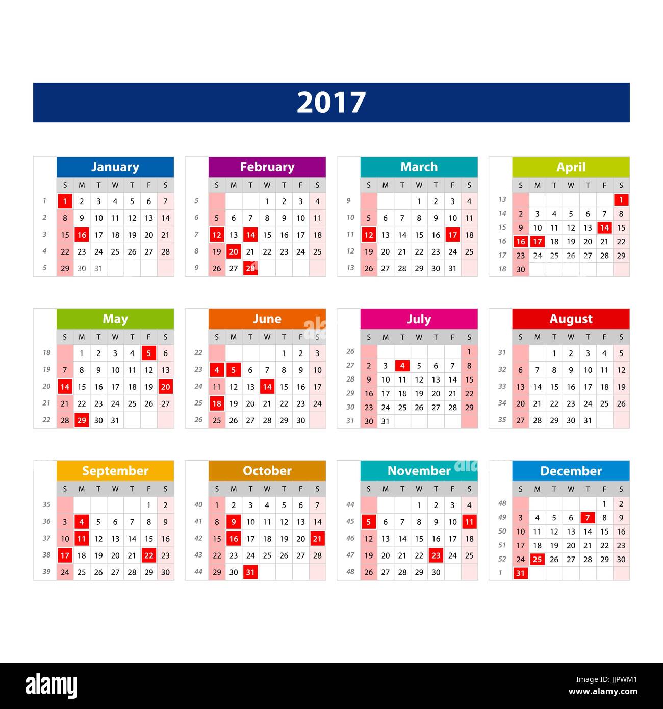 2017 Calendar holidays USA - illustration Vector template of color 2017 ...