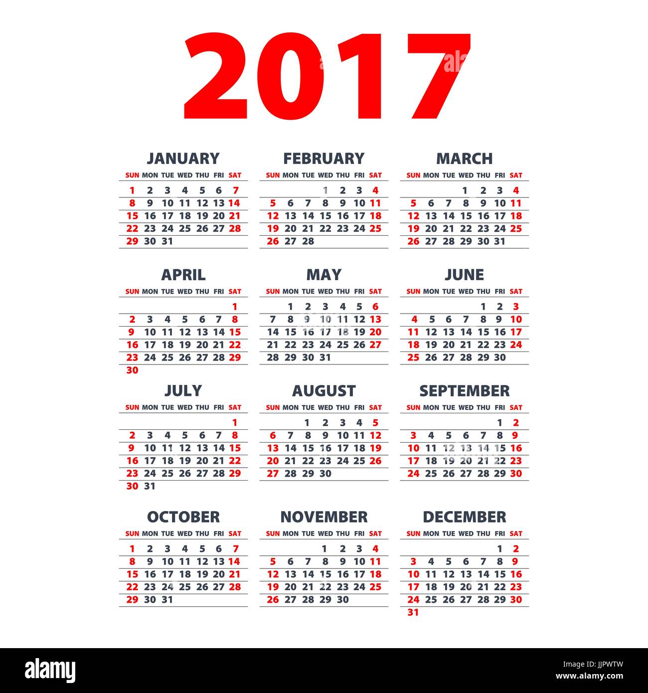 Calendar 2017. Week starts from Sunday. Vector flat design template ...