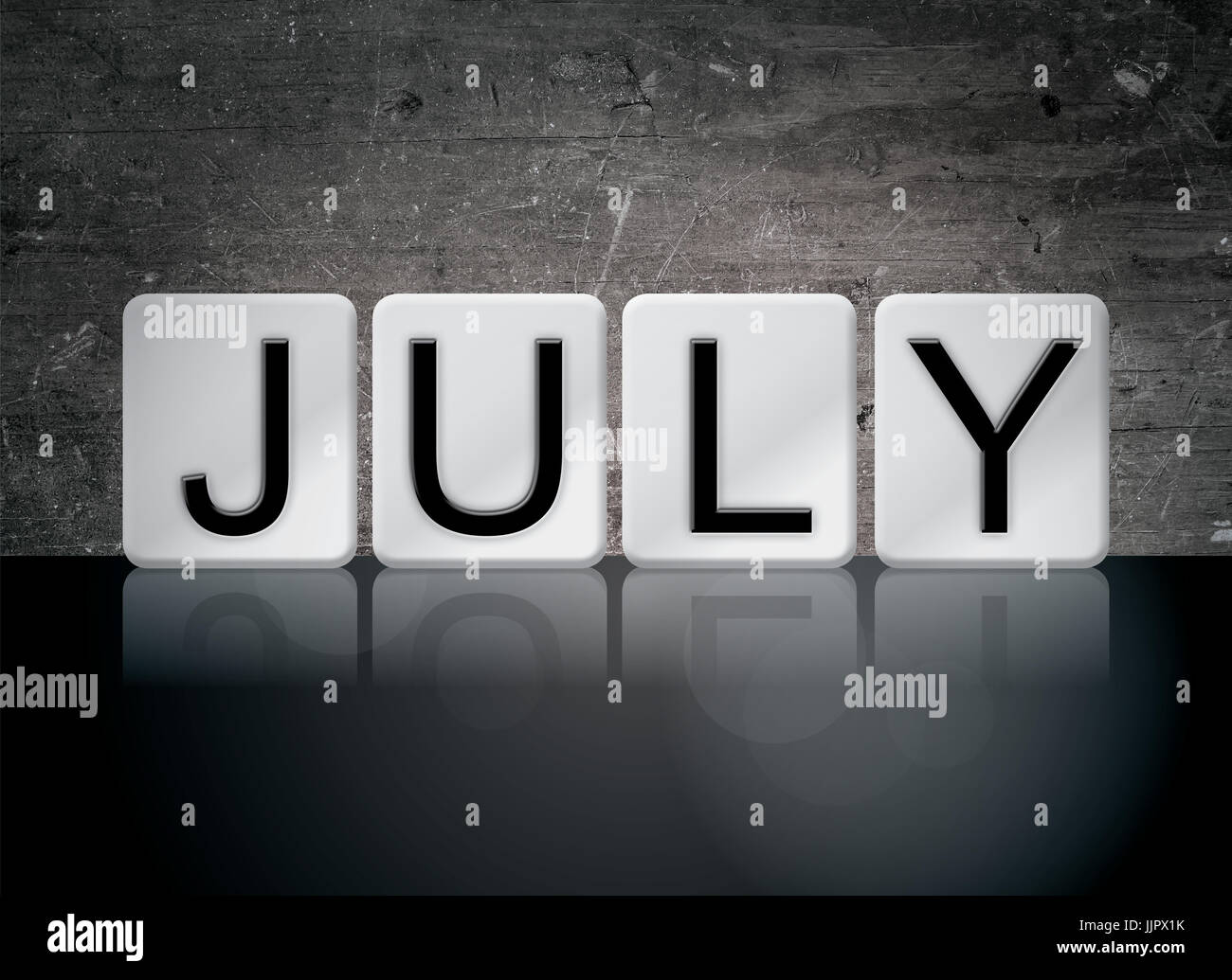 The word July concept and theme written in white tiles on a dark ...