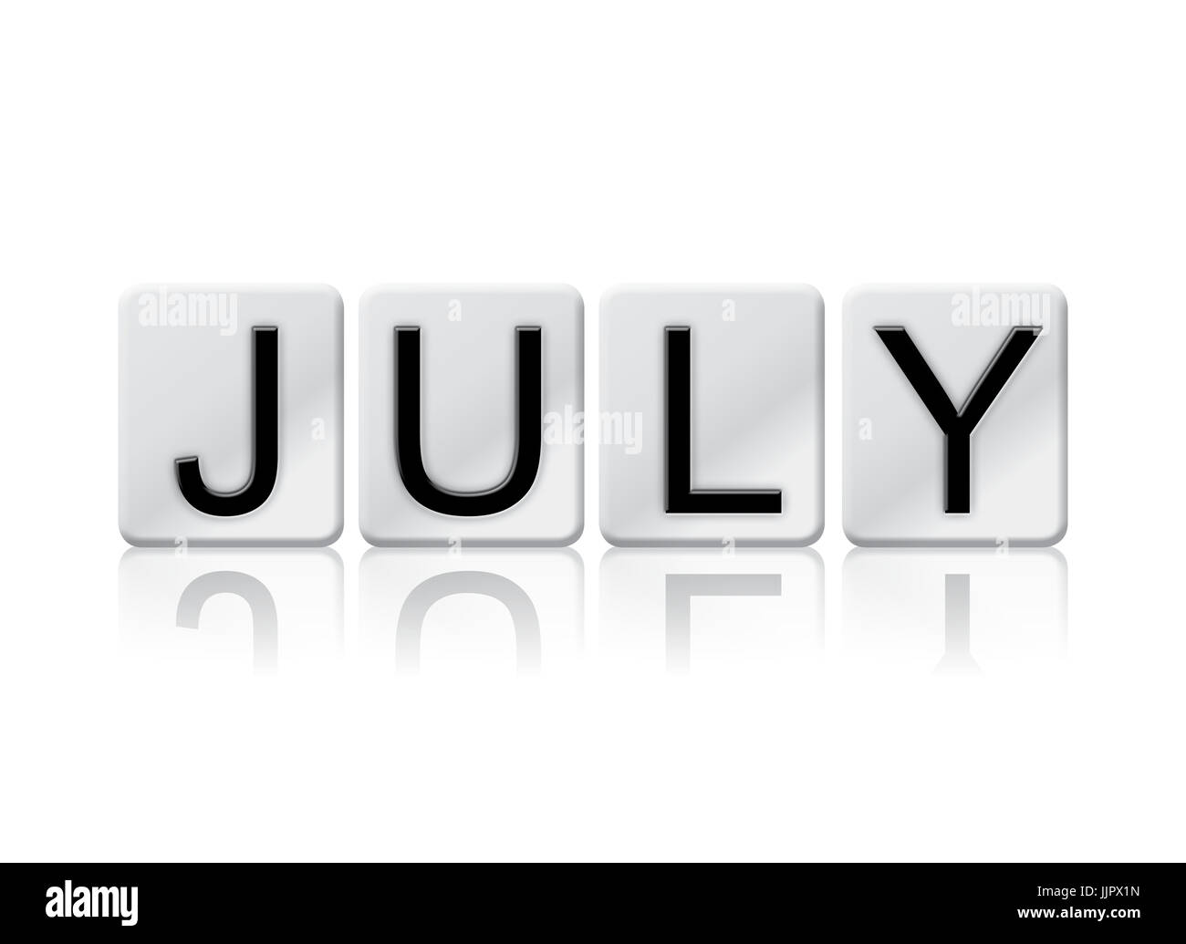 The word July concept and theme written in white tiles and isolated on ...