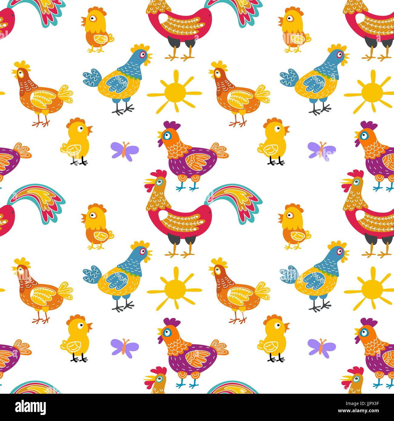 Vector fun chickens seamless pattern background with hand drawn farm ...