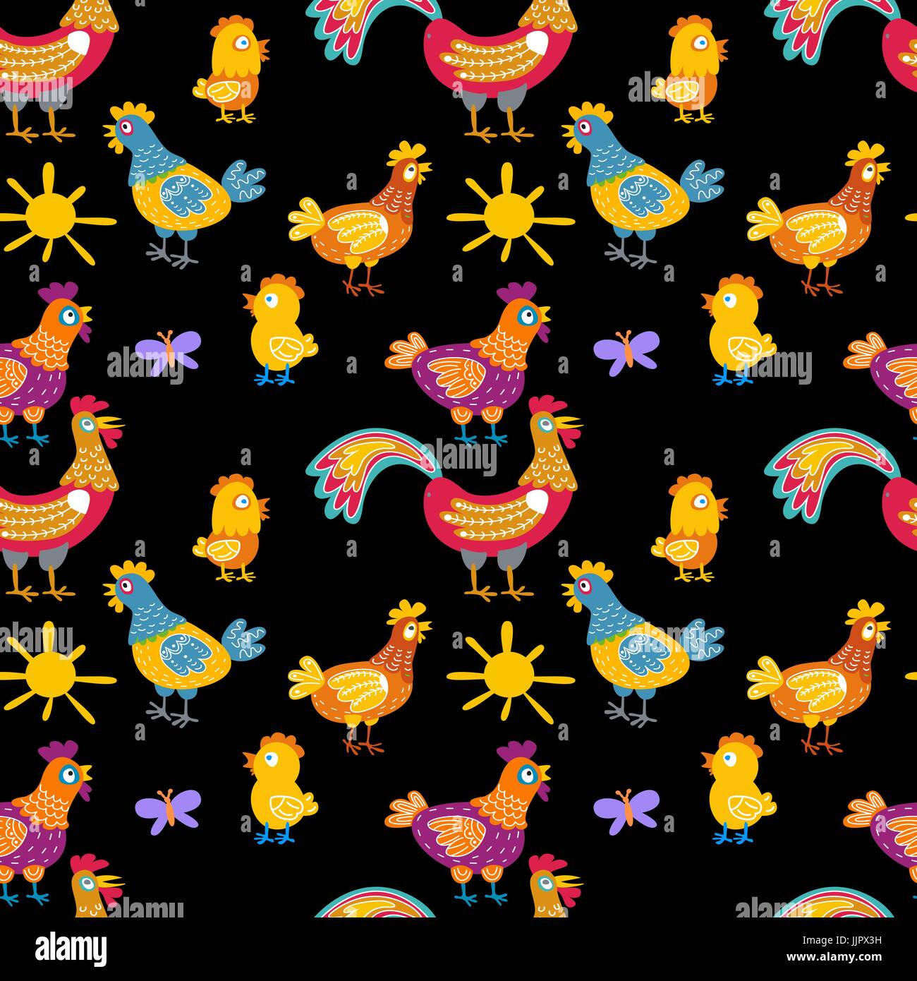 Vector fun chickens seamless pattern background with hand drawn farm ...