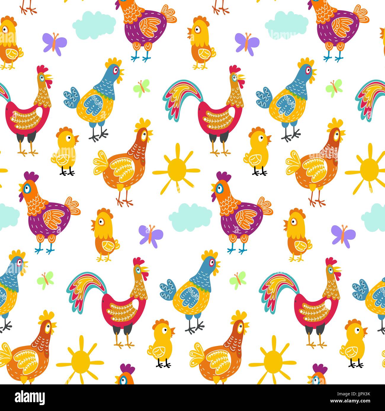 Vector fun chickens seamless pattern background with hand drawn farm ...