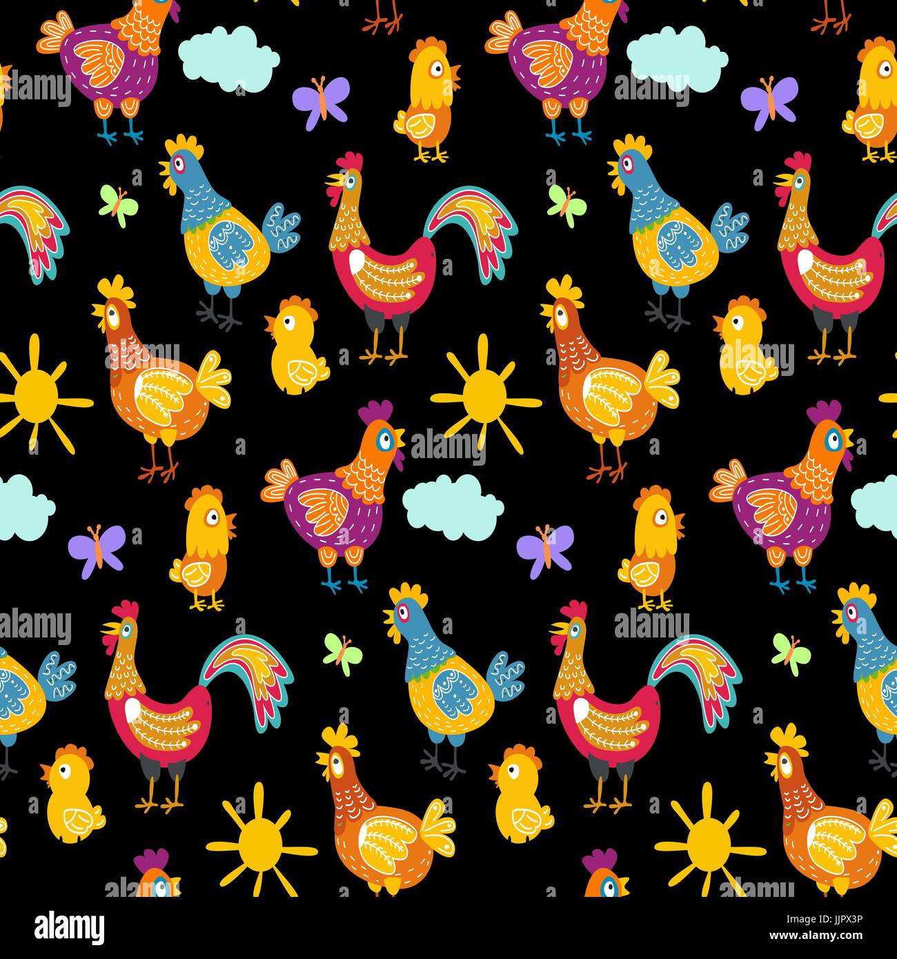 Vector fun chickens seamless pattern background with hand drawn farm ...