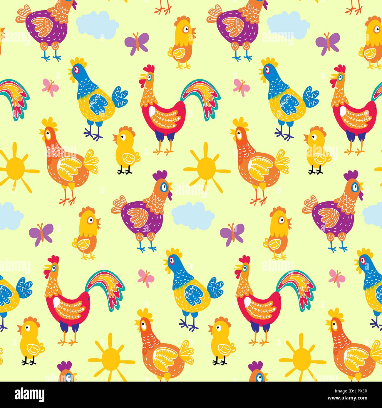 Vector fun chickens seamless pattern background with hand drawn farm ...