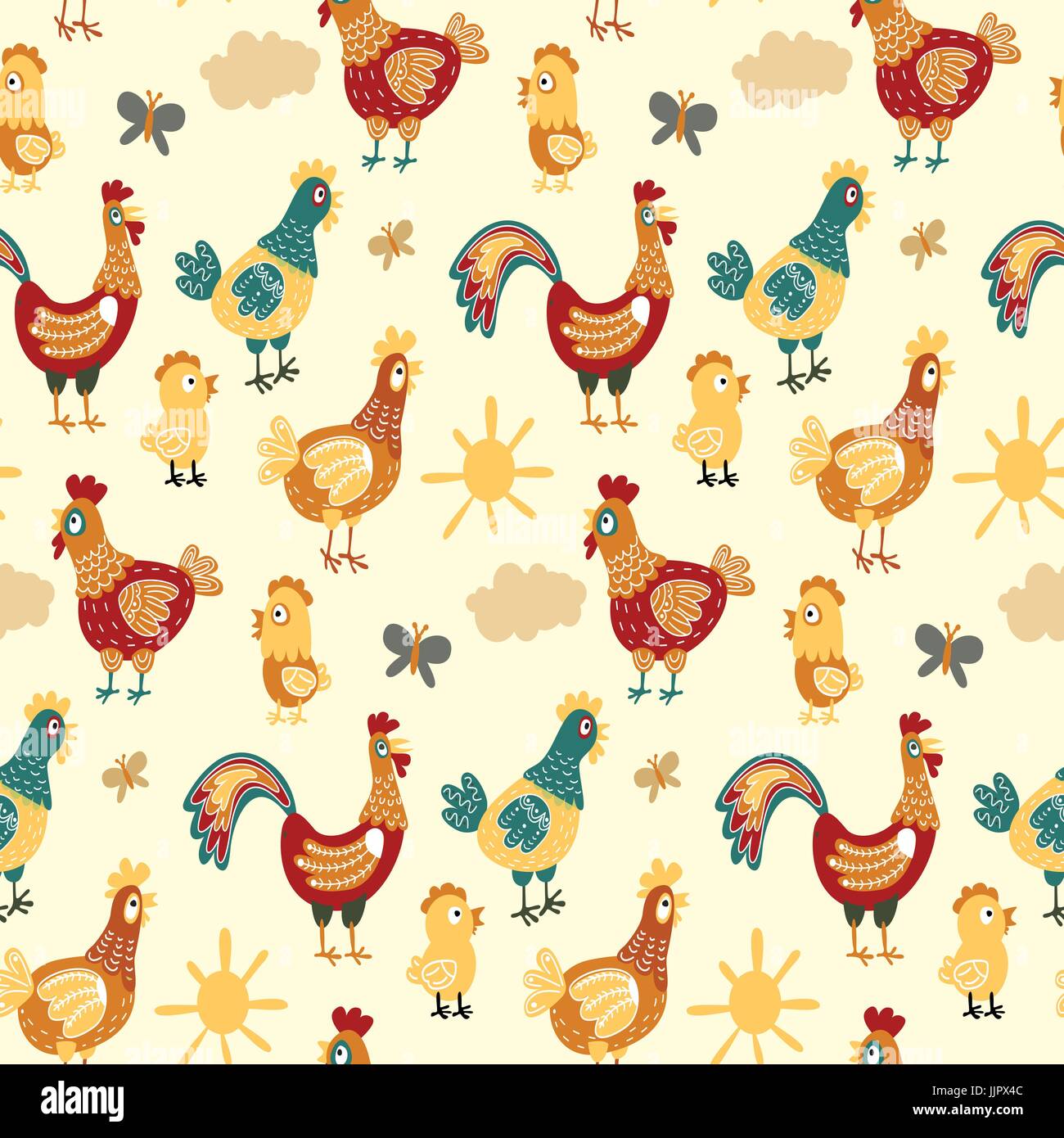 Vector fun chickens seamless pattern background with hand drawn farm ...