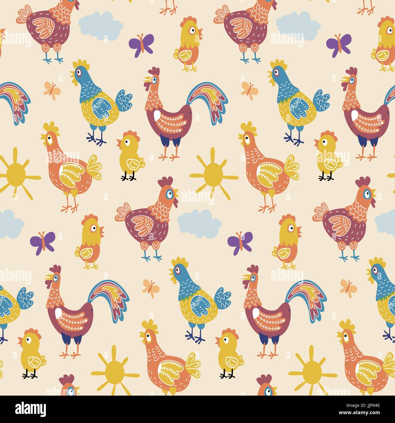 Vector fun chickens seamless pattern background with hand drawn farm ...