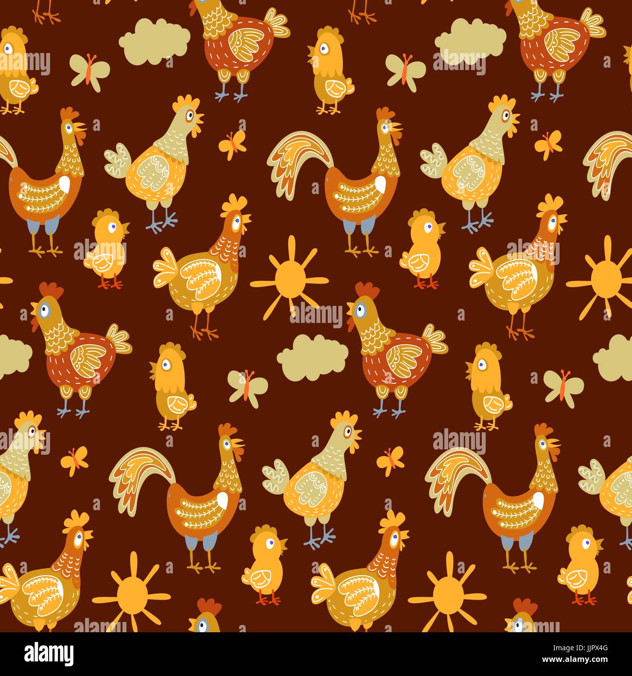 Vector fun chickens seamless pattern background with hand drawn farm ...