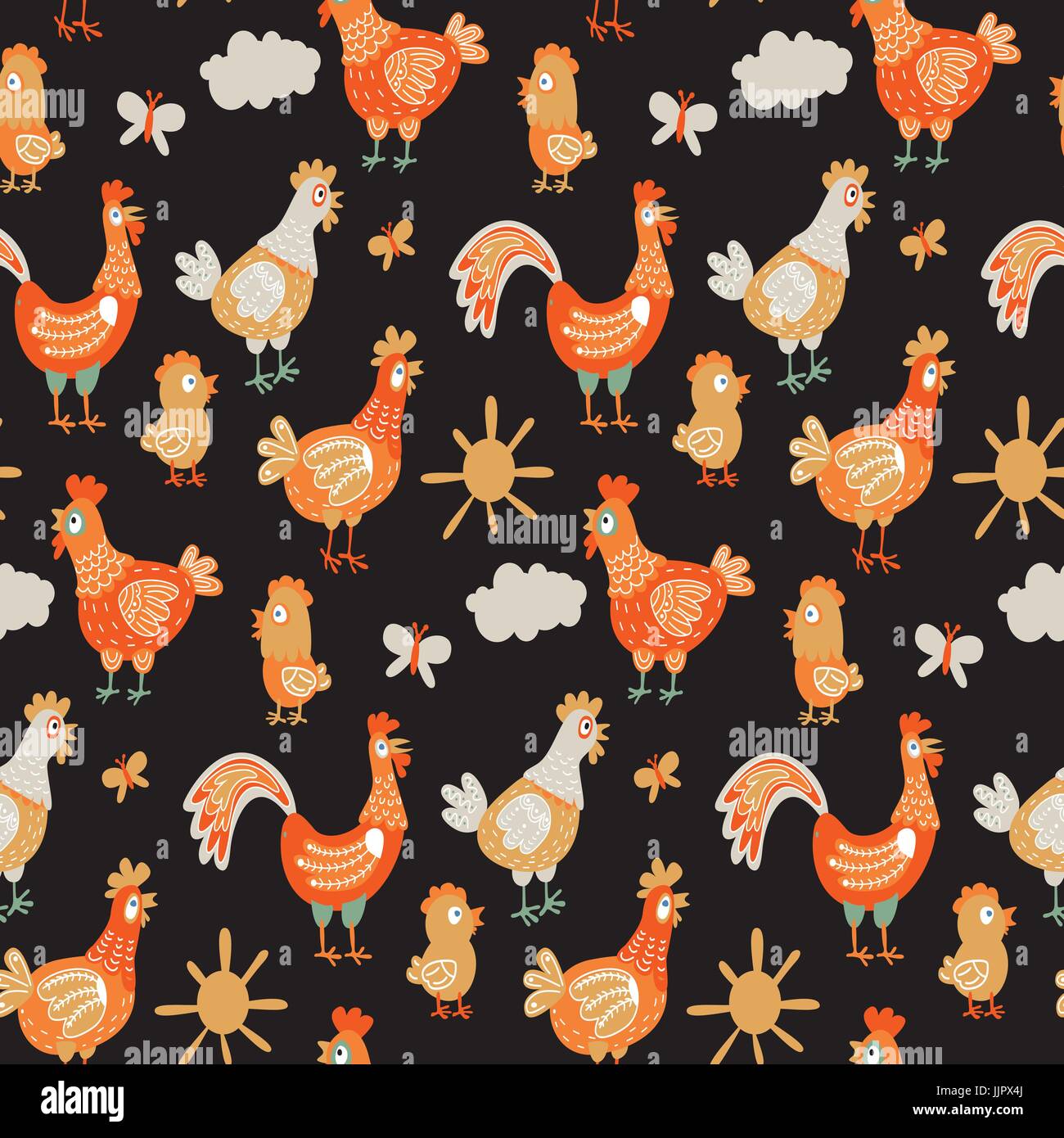 Vector fun chickens seamless pattern background with hand drawn farm ...