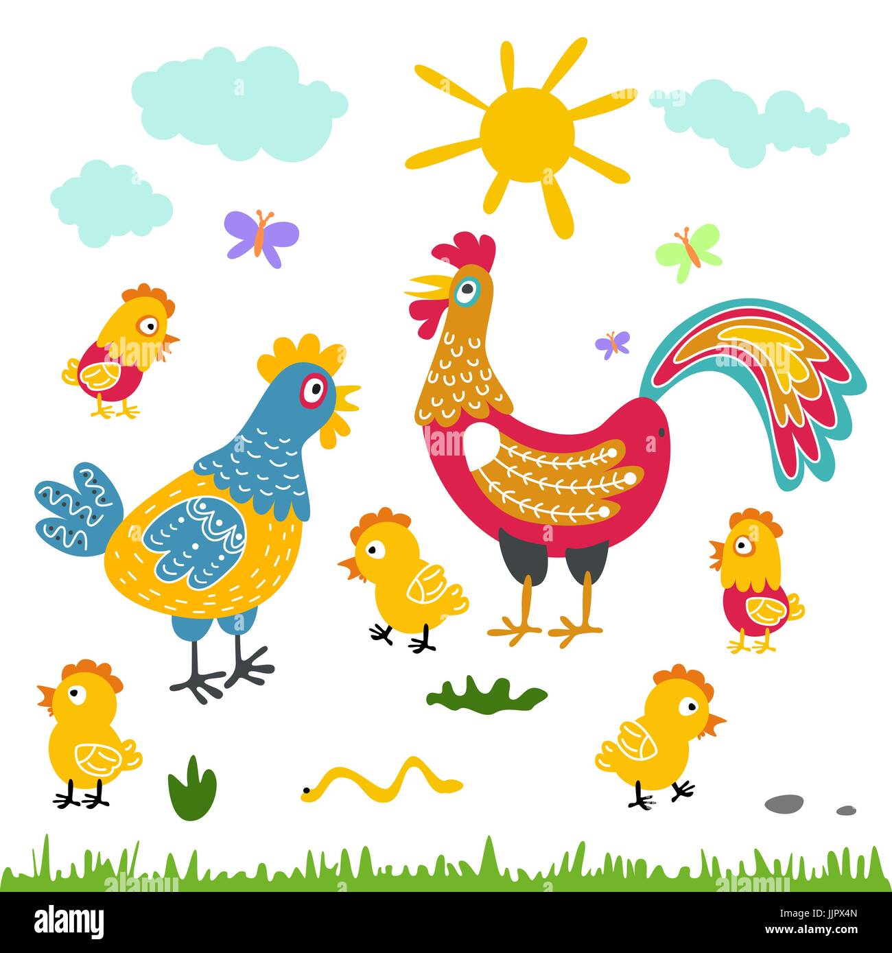 farm birds family cartoon flat illustration. rooster hen chicken ...