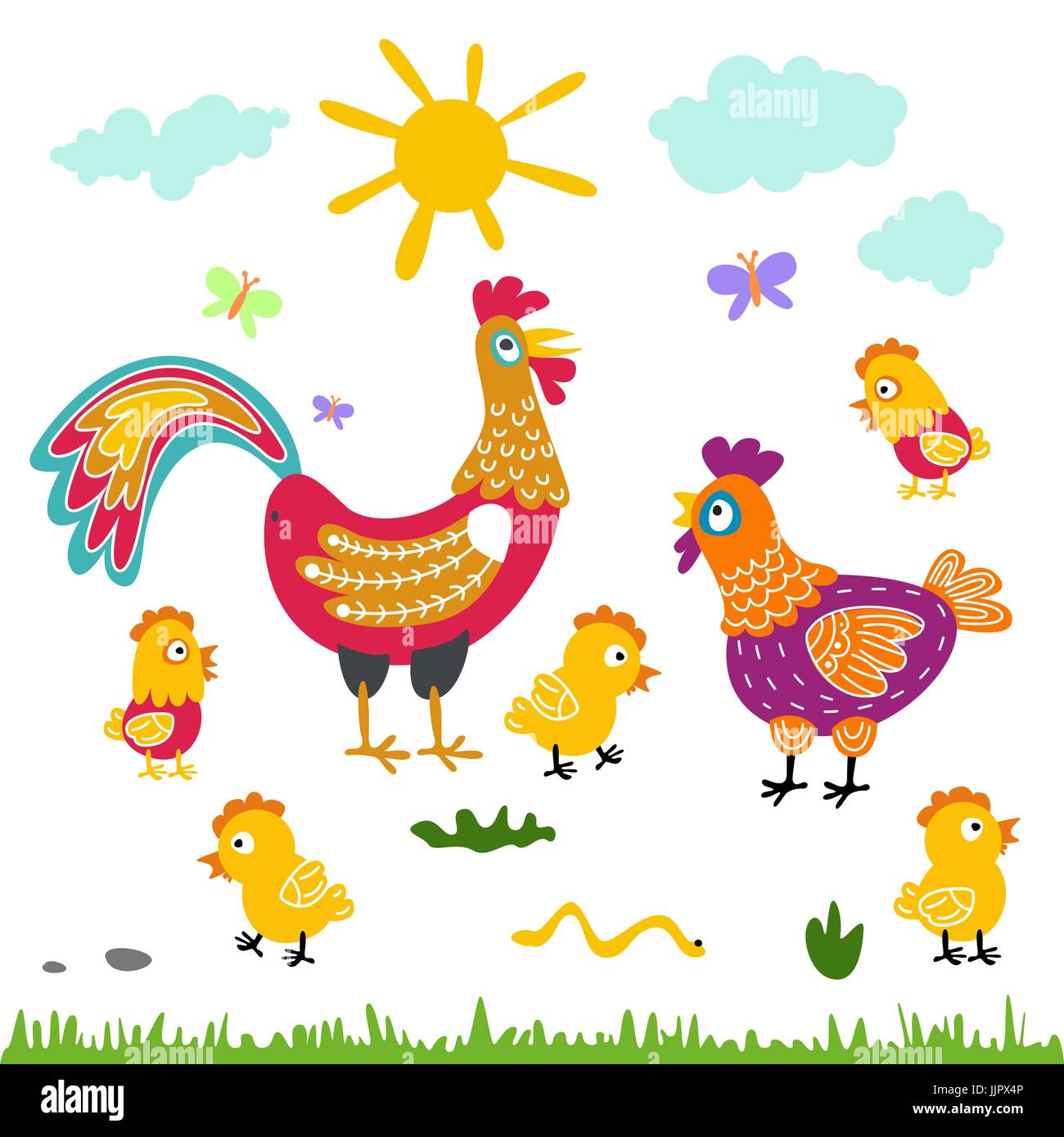 farm birds family cartoon flat illustration. rooster hen chicken ...