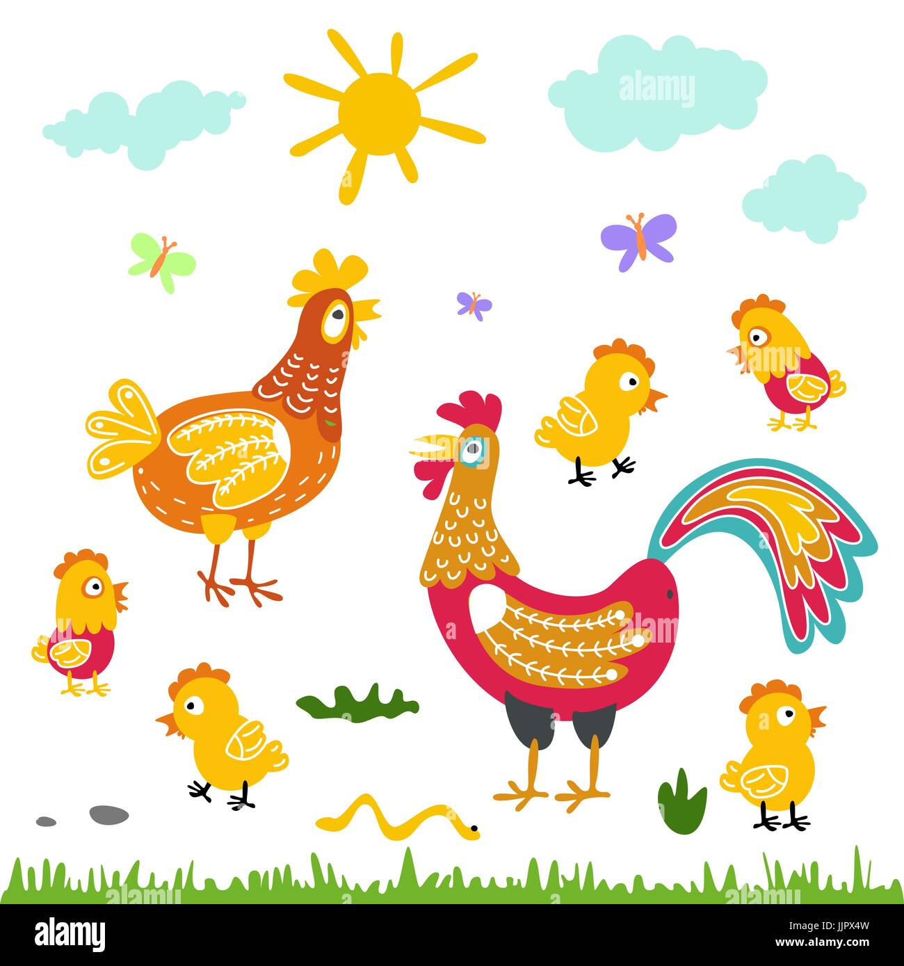 farm birds family cartoon flat illustration. rooster hen chicken ...