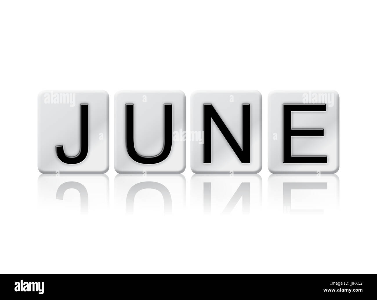 The word June concept and theme written in white tiles and isolated on ...