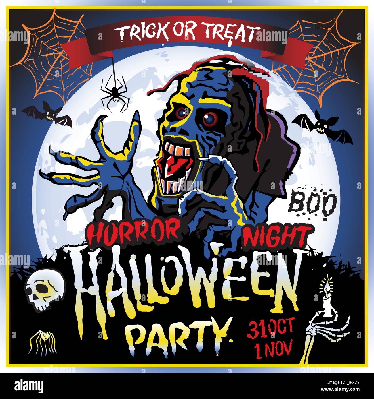 Zombie sneaks up on the background of a full moon, illustration on the ...