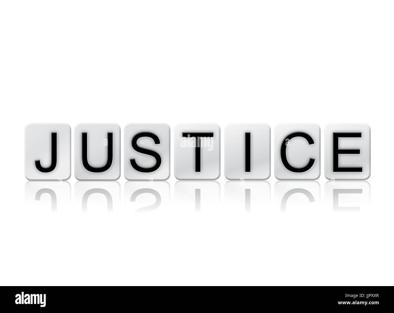 The word Justice concept and theme written in white tiles and isolated ...