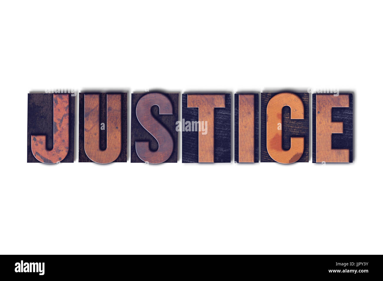 The word Justice concept and theme written in vintage wooden ...
