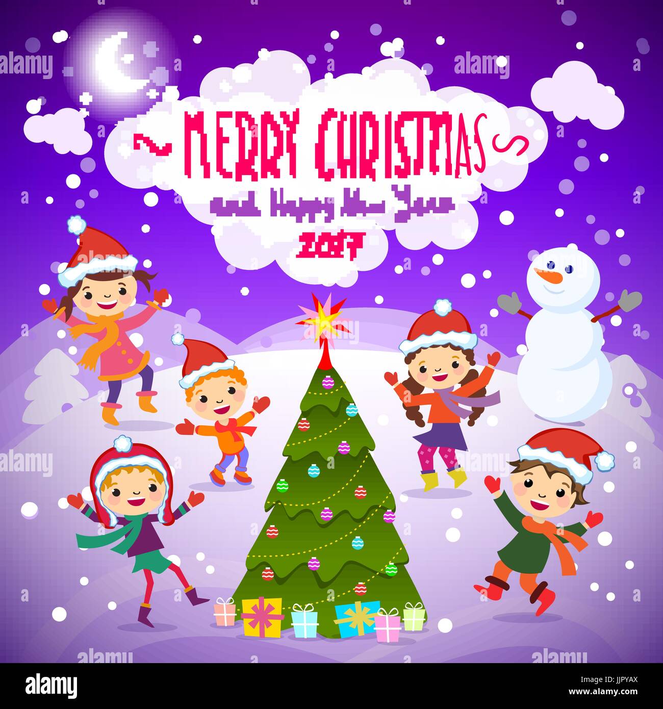 Winter fun. Cheerful kids playing in the snow Stock Vector Image & Art ...