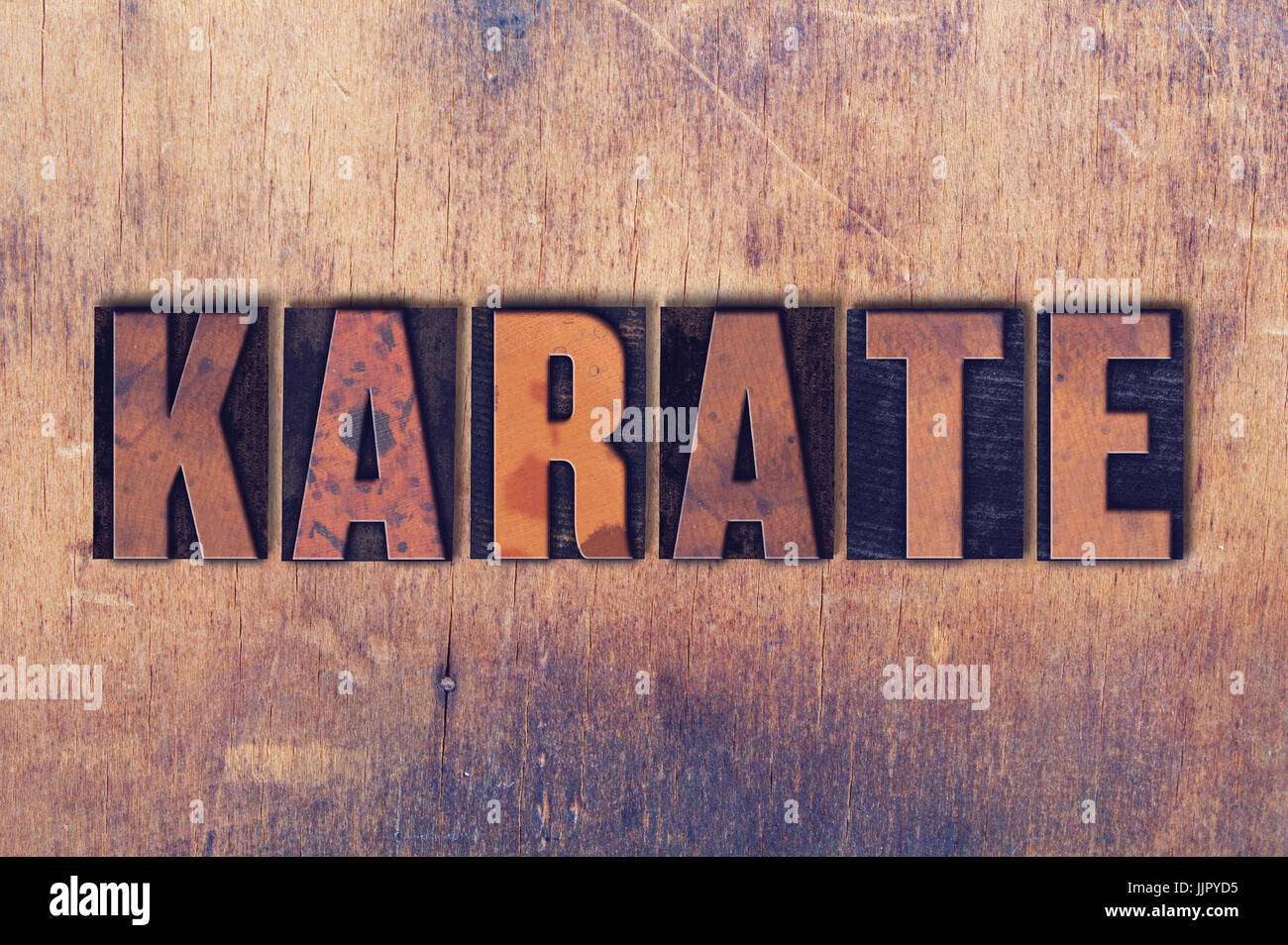 The word Karate concept and theme written in vintage wooden letterpress ...
