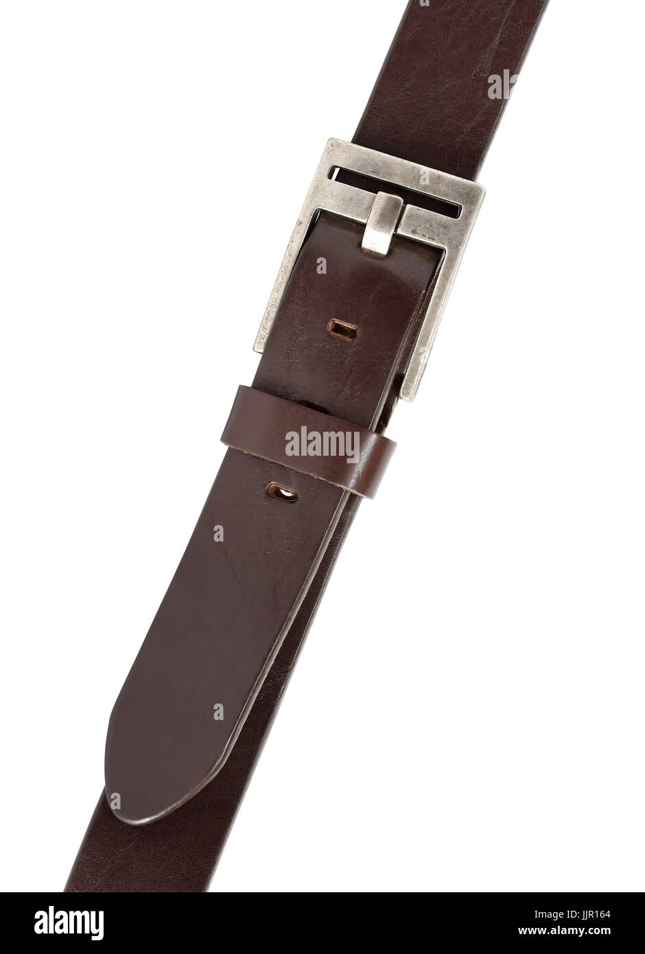 Closeup of brown leather belt with buckle isolated on white background ...