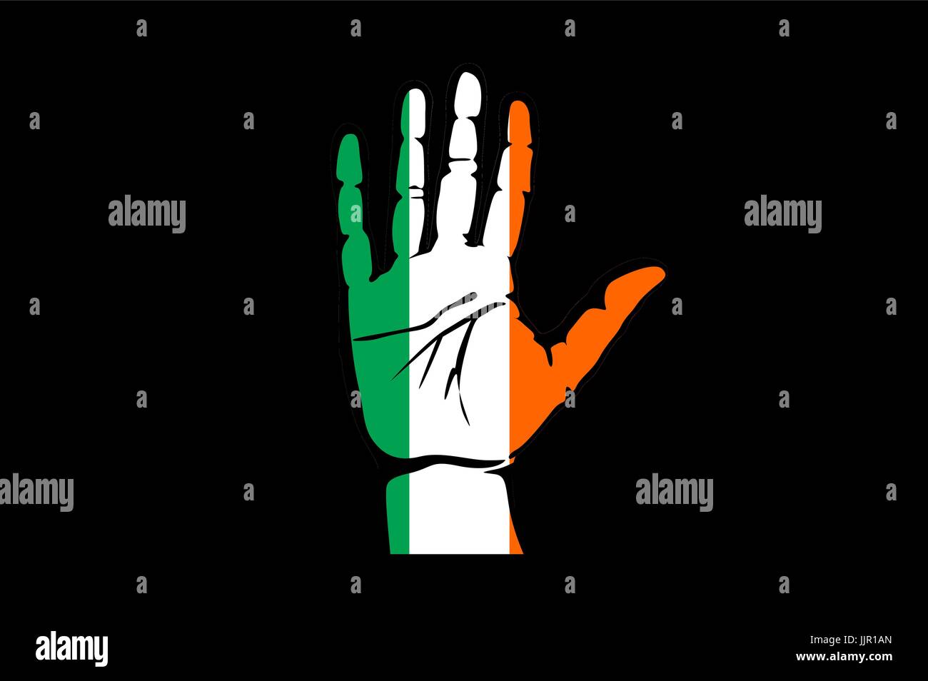 Hand with five fingers stretched upward, colors of the Irish flag art ...