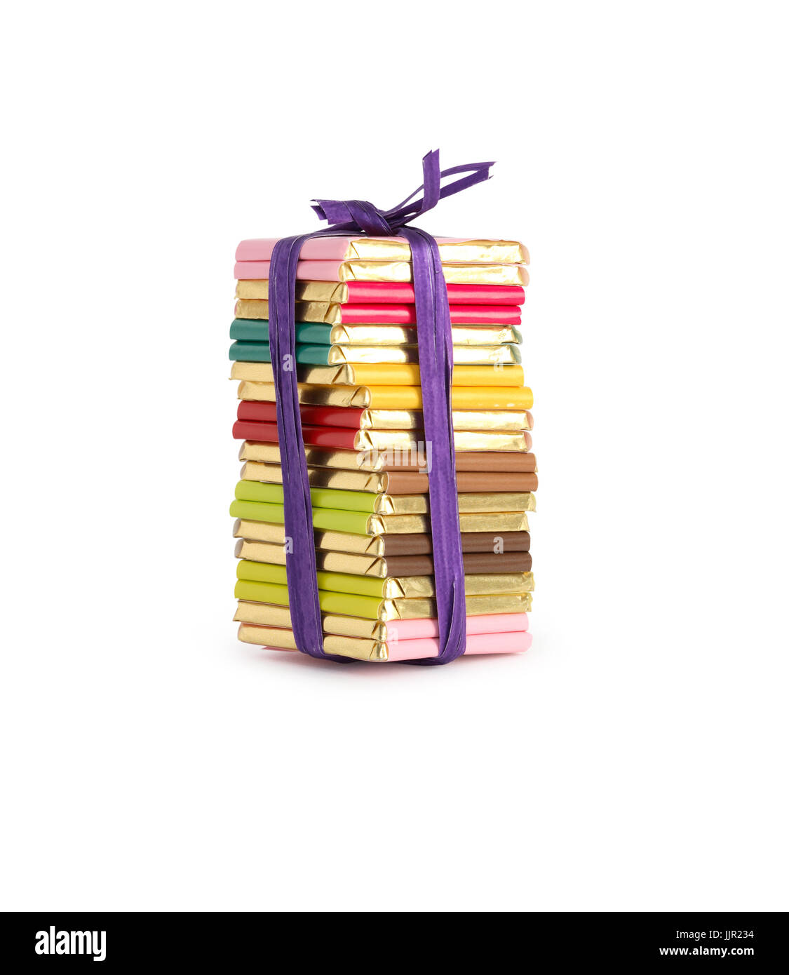 Stack of small chocolate bars tied up with blue band. Isolated on white ...