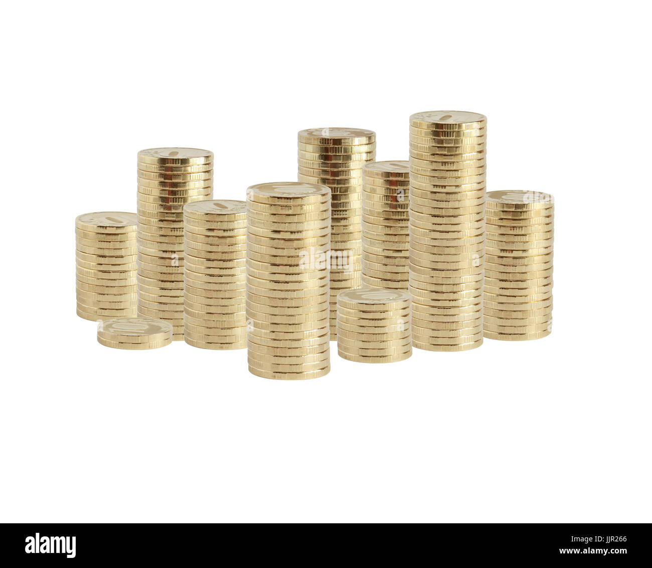Many coins columns from small to big standing on white background Stock ...