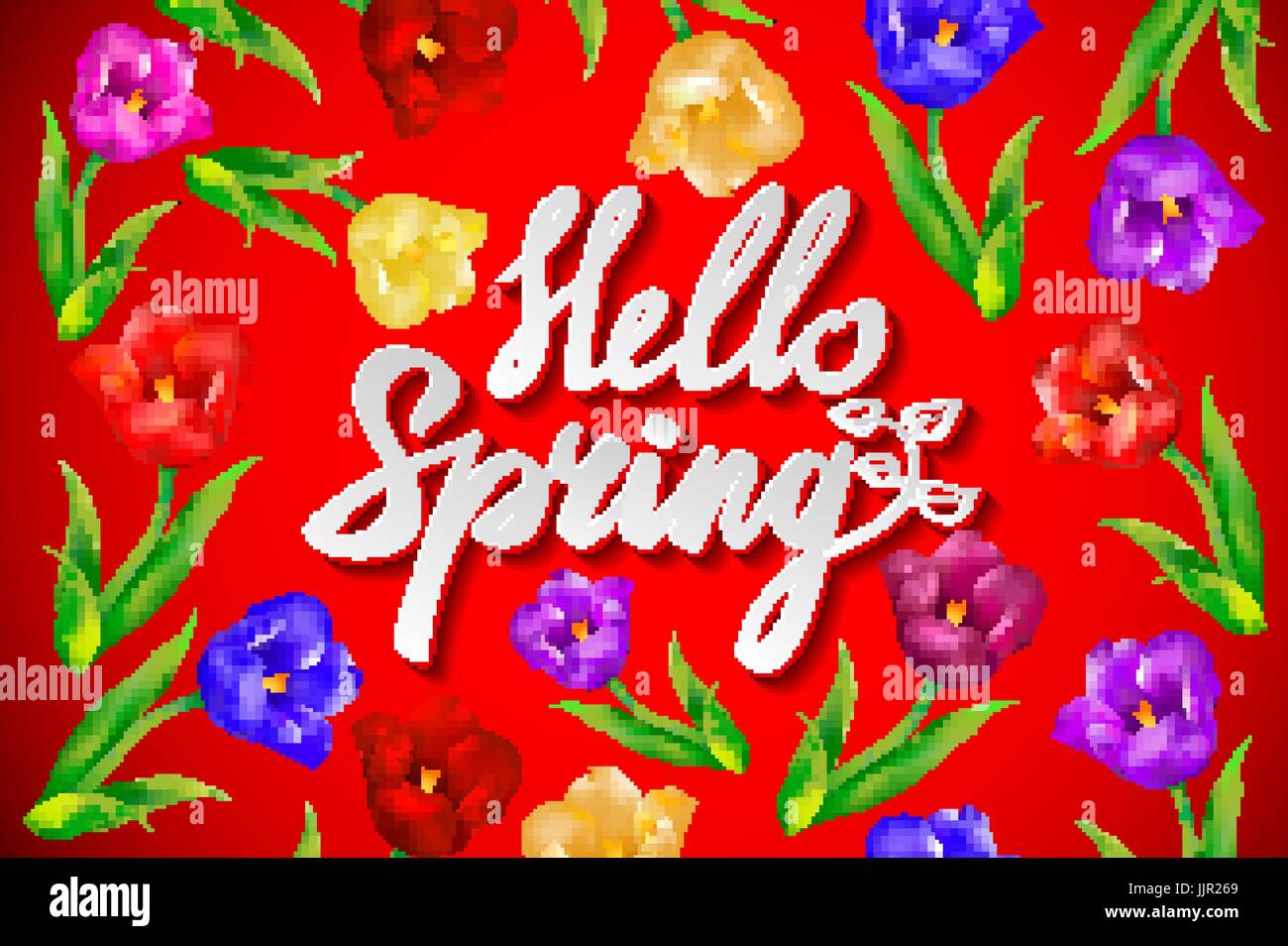 Hello Spring phrase vector lettering. Hand drawn calligraphy, red ...