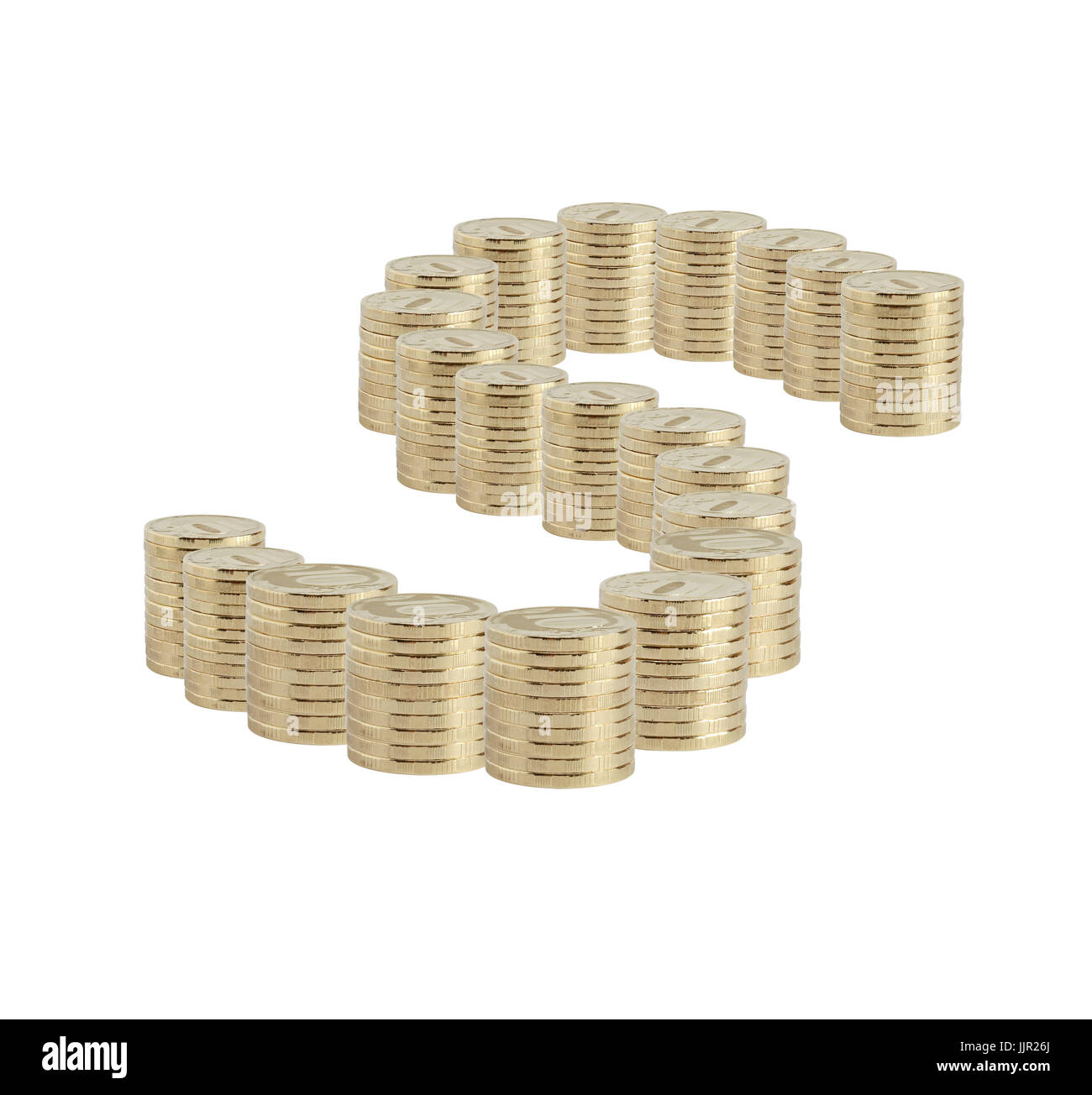 Dollar sign made from lot of coins columns on white background Stock ...