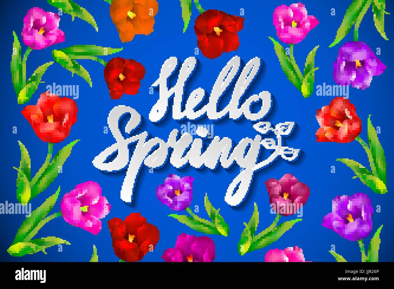 Fresh blue Hello Spring background with flowing white text and green ...