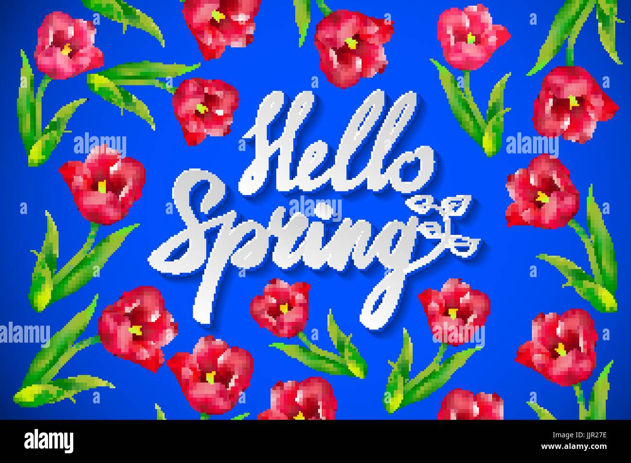 Fresh blue Hello Spring background with flowing white text and green ...