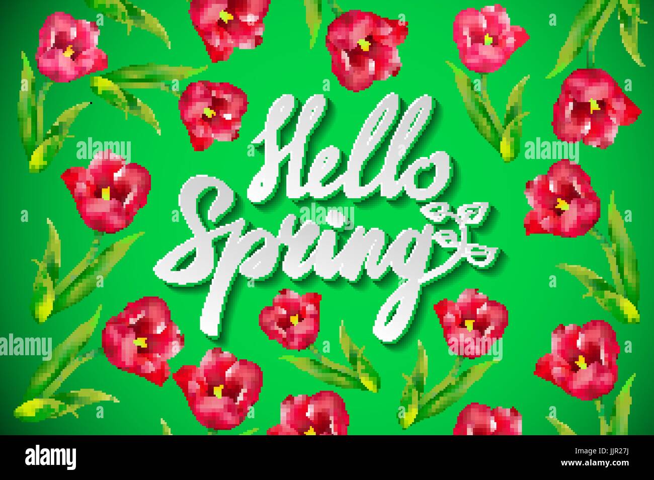 Hello Spring Vector Design with 3D Realistic Fresh Plants and Flowers ...