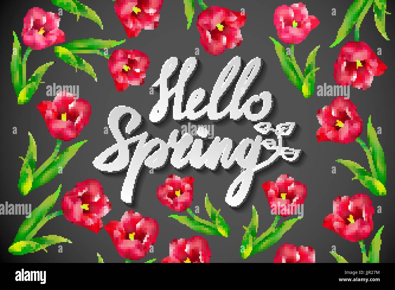 Chalk spring template. Hello spring! Spring blossoms on branches on ...