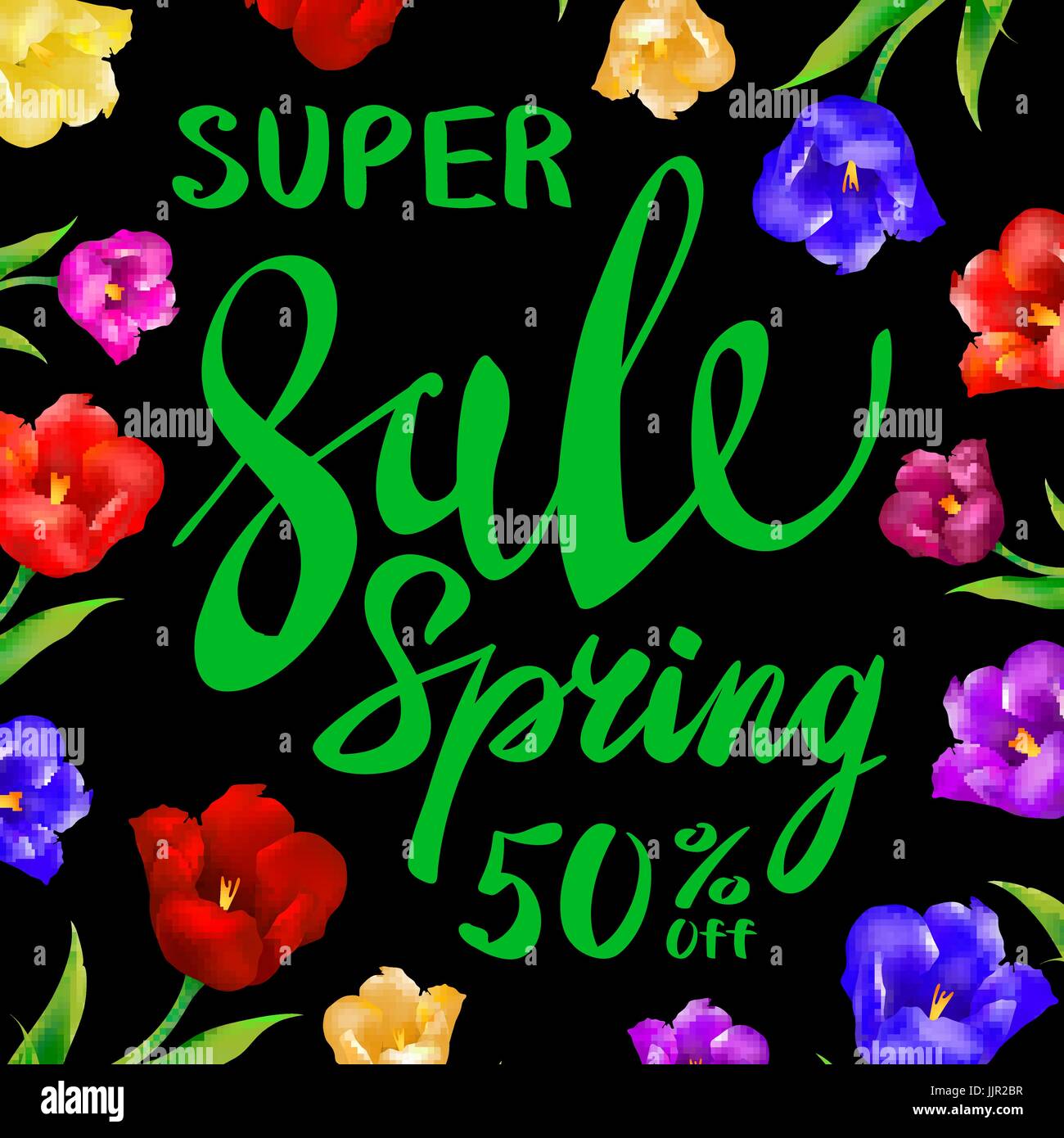 Vector green sale spring sign with black background. color floral tulip ...