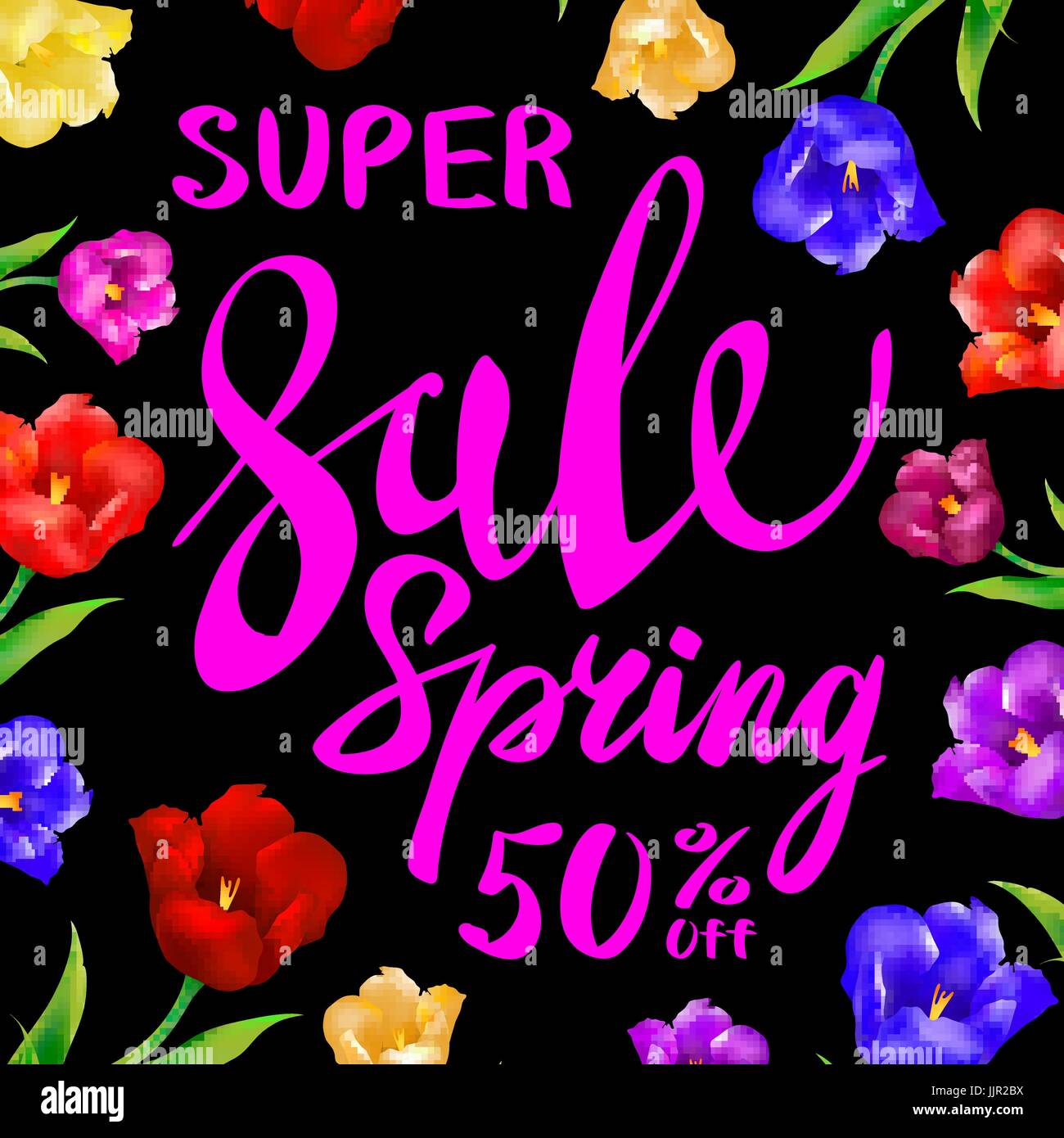 Vector pink sale spring sign with black background. color floral tulip ...