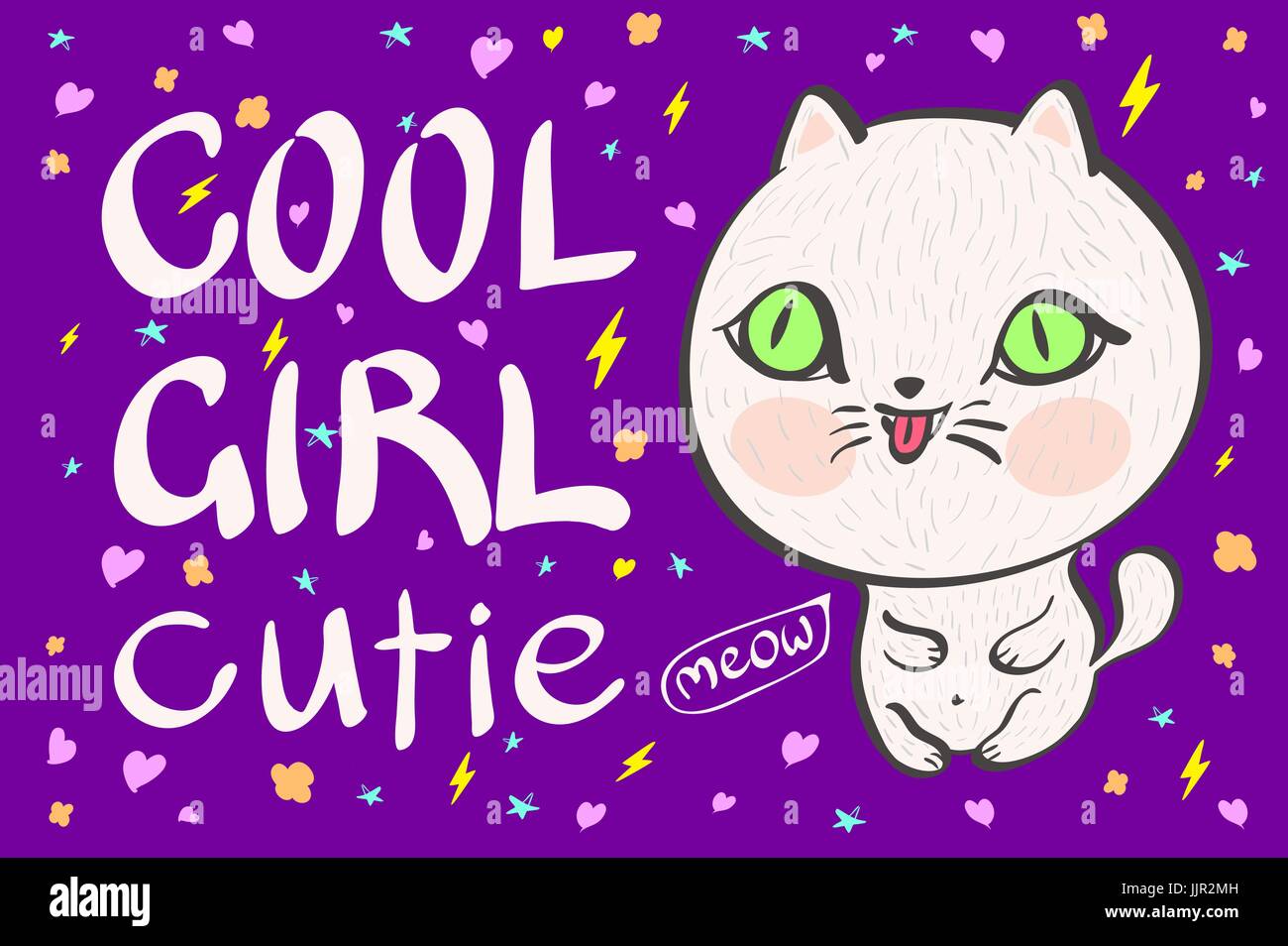 Hand lettering typography poster. Calligraphic script 'Meow' with cat ...