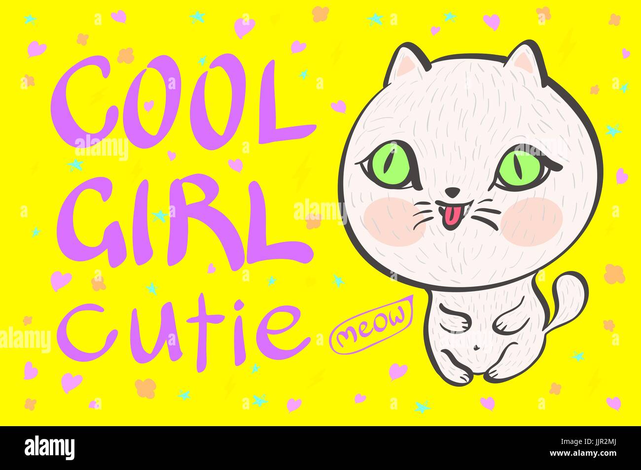 Hand lettering typography poster. Calligraphic script 'Meow' with cat ...