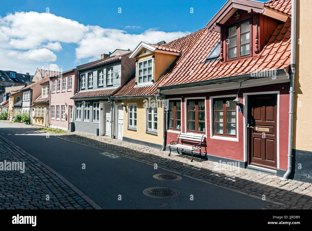 Old restored houses in Klokkestøbergade, the old town of Aalborg ...