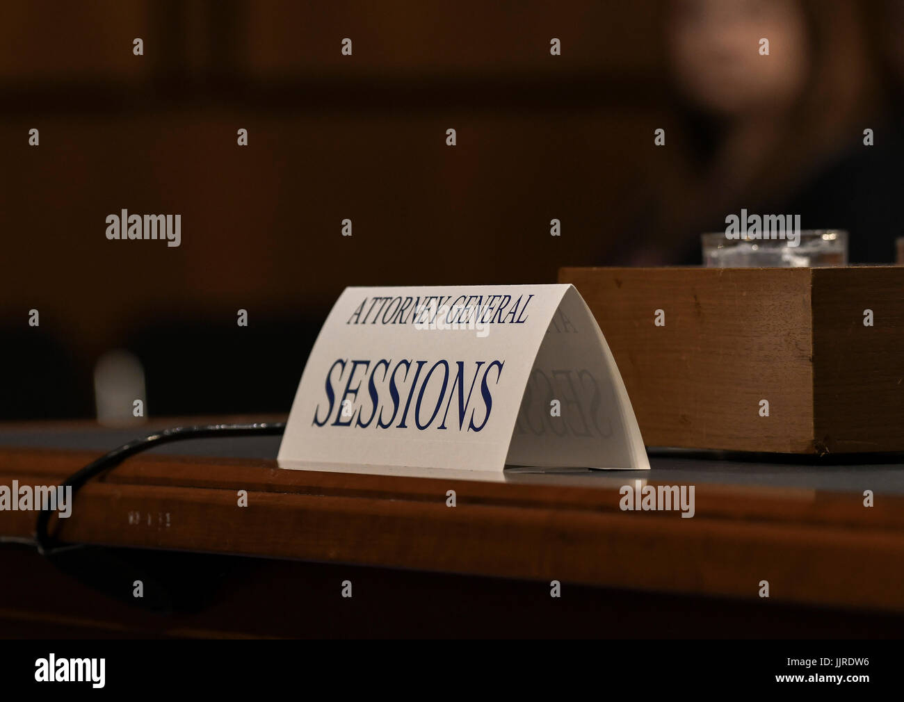 US. Attorney General Jeff Sessions name plate on witness table during ...