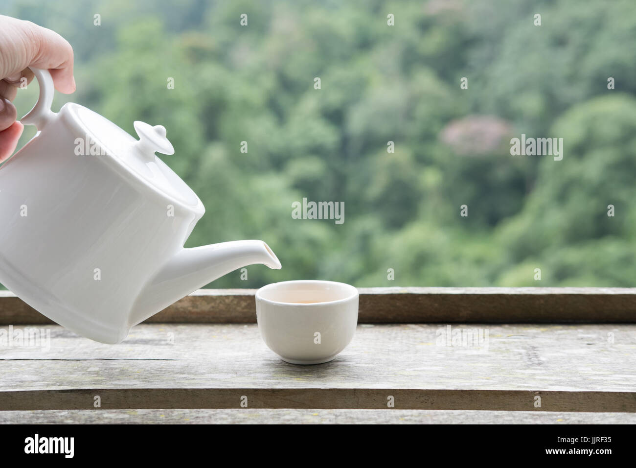 woman's hand holding teapot and pouring white tea into cup with green ...