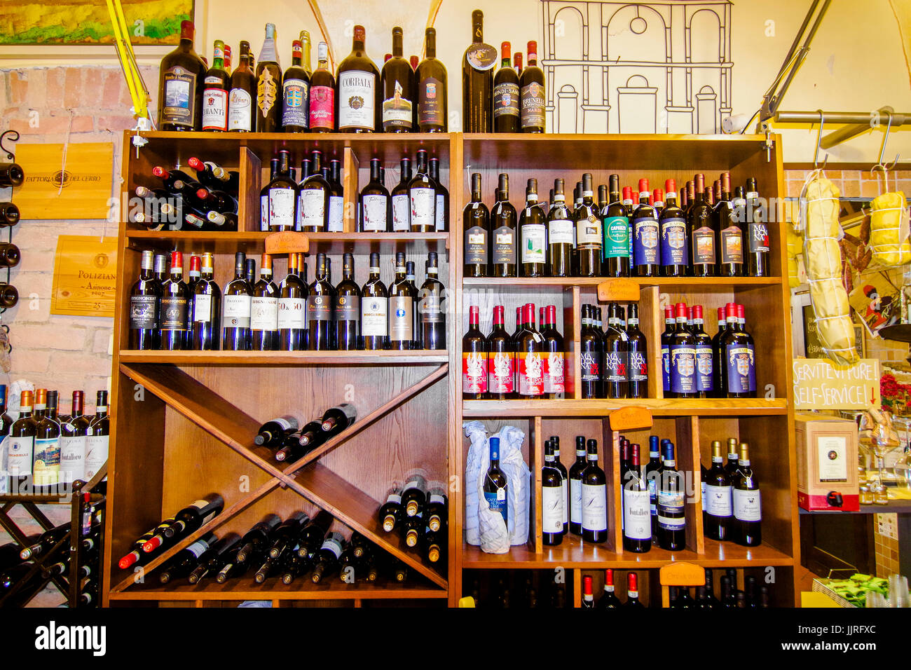 Delicatessen store in Pienza Tuscany Italy selling wine, pecorino ...