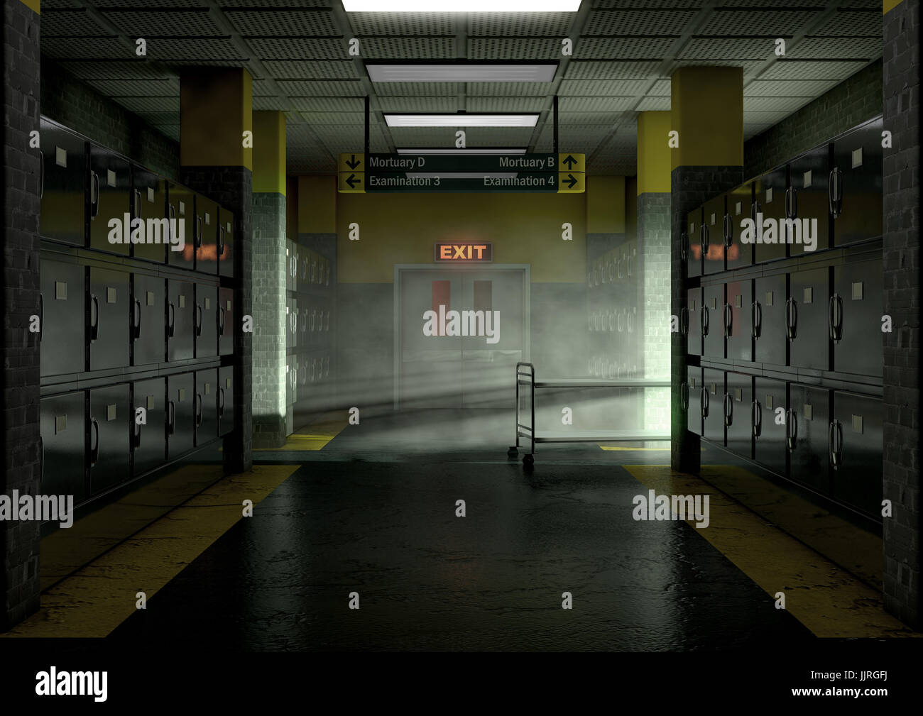 A look down the aisle of fridges of a dimly lit ward in a mortuary with ...