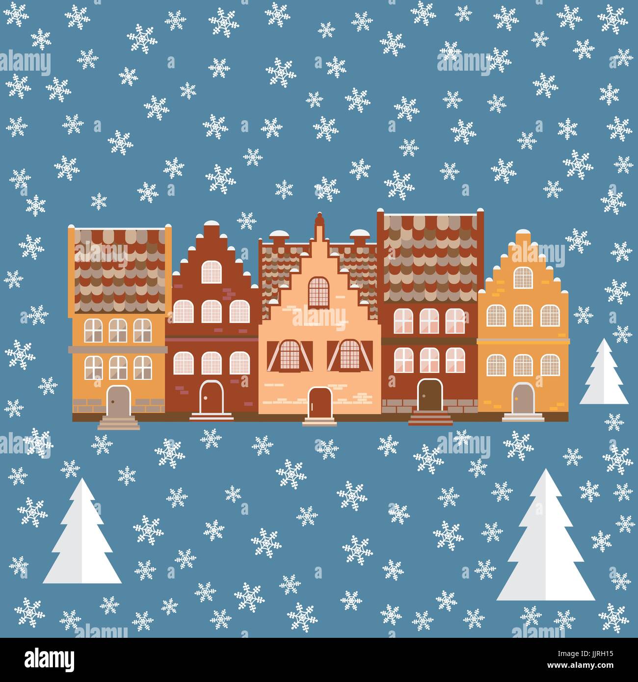 Vector illustration houses in the snow. Design element for postcard ...