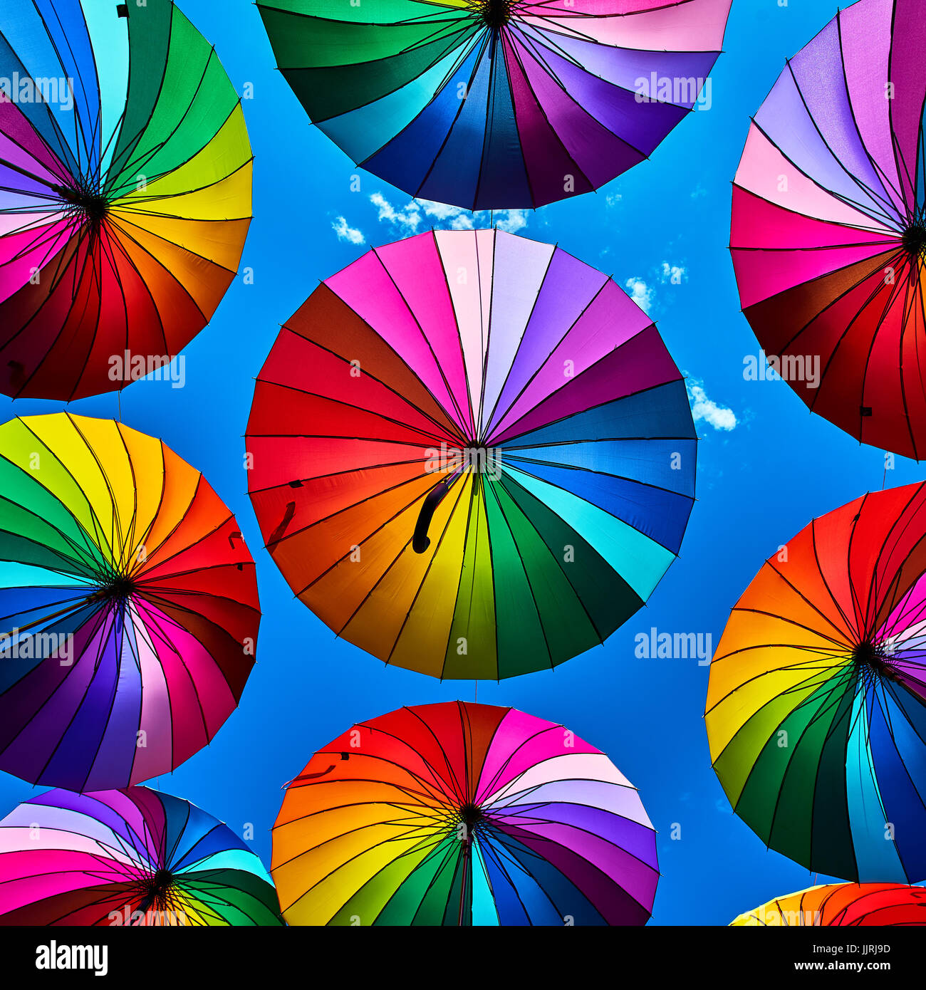 Multi-colored umbrellas background. Street decoration in Sochi, Adler ...